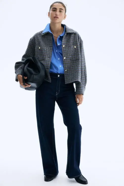 H&m Oversized Plaid Jacket With Classic Collar