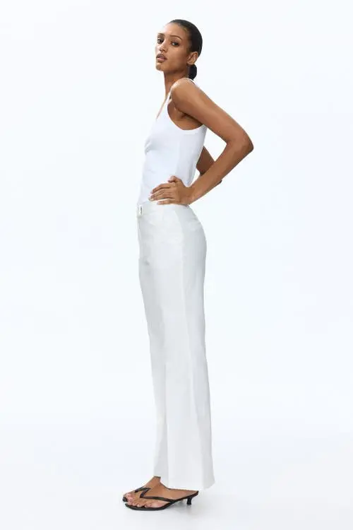 H&m Linen-blend Tailored Trousers With Flared Leg - White