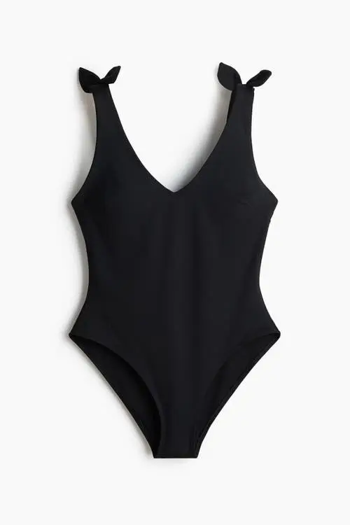 H&m One Piece Padded Cup Swimsuit With V-neck And Tie Straps - Black