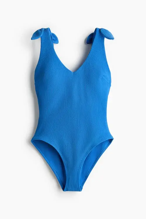 H&m One Piece Padded Cup Swimsuit With V-neck And Tie Straps - Blue