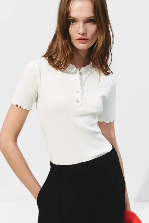 H&m Ribbed Cotton Jersey Top With Ruffle Trim