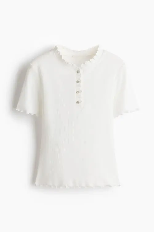 H&m Ribbed Cotton Jersey Top With Ruffle Trim
