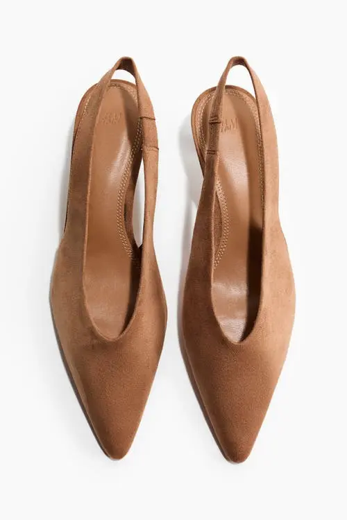 H&m Kitten-heeled Slingbacks With Pointed Toes - Dark Beige