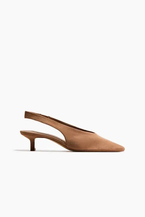 H&m Kitten-heeled Slingbacks With Pointed Toes - Dark Beige