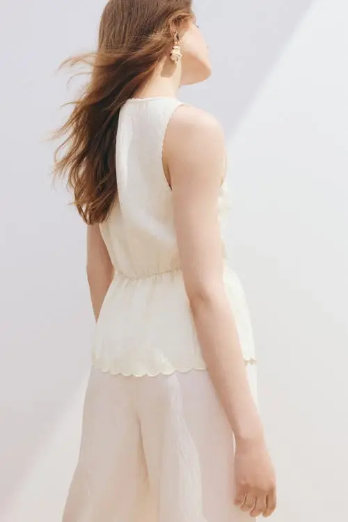 H&m Sleeveless Lace-up Peplum Top With Embroidered Motifs
