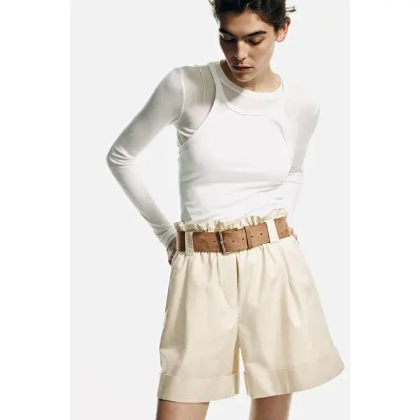 H&m Linen-blend Paper-bag Shorts With Belt - Light Beige