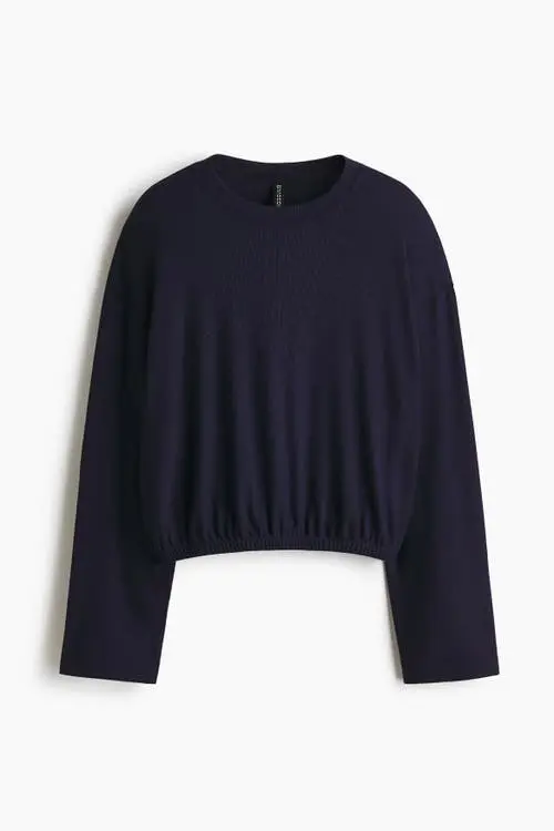 H&m Oversized Jersey Crewneck Top With Gathered Hem - Navy Blue