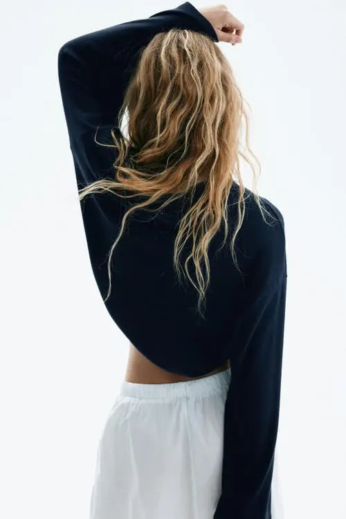H&m Oversized Jersey Crewneck Top With Gathered Hem - Navy Blue