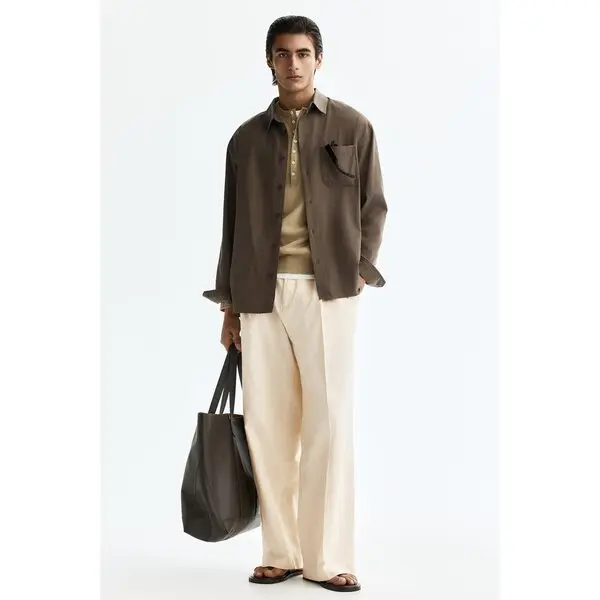 H&m Loose Fit Linen-blend Wide-leg Trousers - Cream