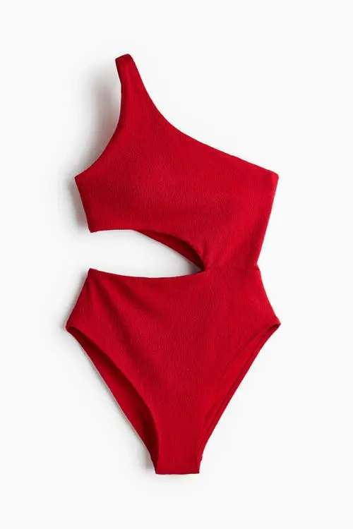 H&m One-shoulder Padded Cup High-leg Swimsuit - Red