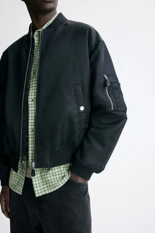 H&m Padded Nylon Bomber Jacket - Black