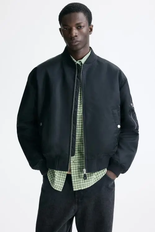H&m Padded Nylon Bomber Jacket - Black