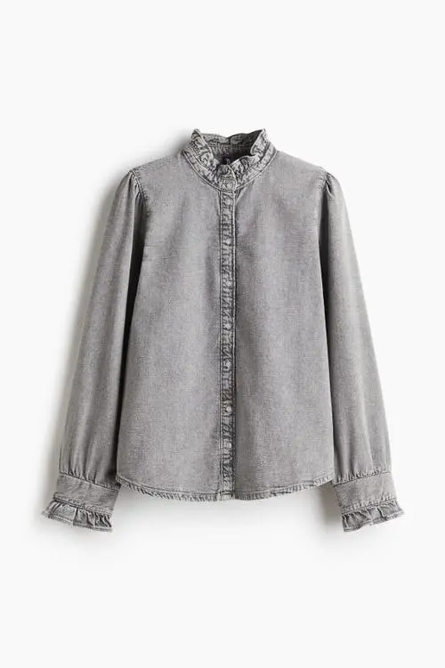 H&m Frill-trimmed Denim Blouse - Gray