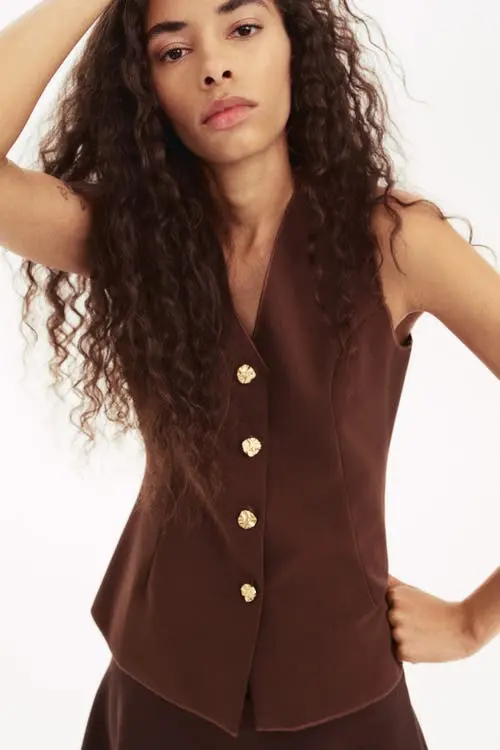 H&m Tailored Jersey Waistcoat With Hammered Metal Buttons - Dark Brown