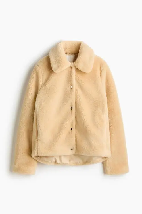 H&m Pile Jacket With Collar And Press-stud Closure
