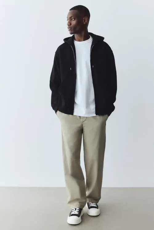 H&m Loose Fit Zip-through Hoodie With Drawstring - Black