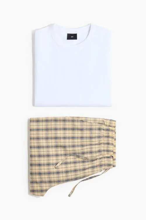 H&m 2-piece Cotton Loungewear Set - Light Yellow/checked
