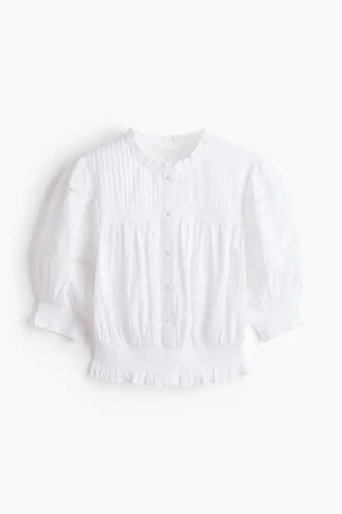 H&m Pintucked Cotton Blouse With Lace Insets And Puff Sleeves - White