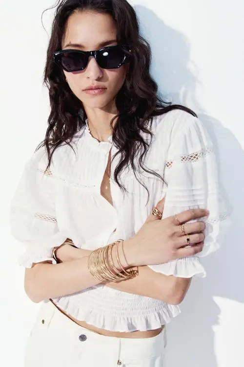 H&m Pintucked Cotton Blouse With Lace Insets And Puff Sleeves - White