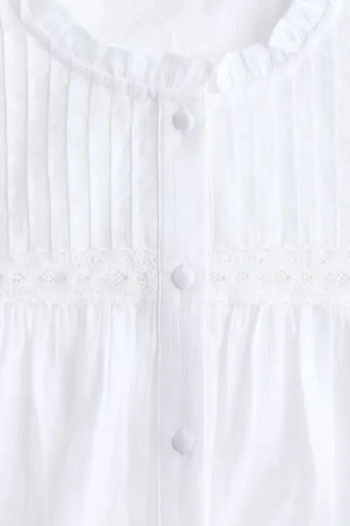 H&m Pintucked Cotton Blouse With Lace Insets And Puff Sleeves - White