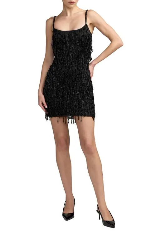 Mac Duggal Beaded Fringe Mini Dress With Spaghetti Straps - Black