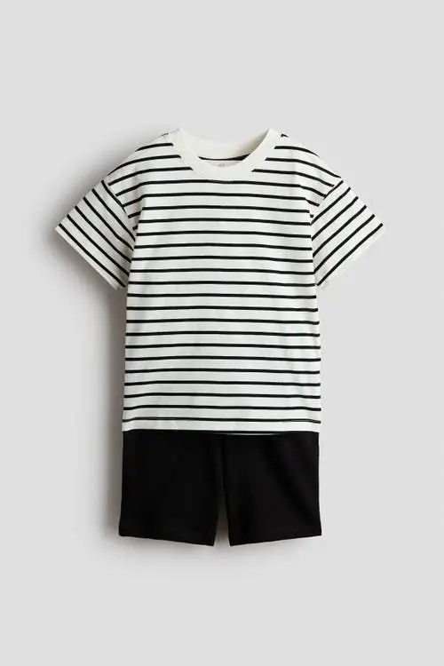 H&m 2-piece T-shirt And Shorts Set - White/striped