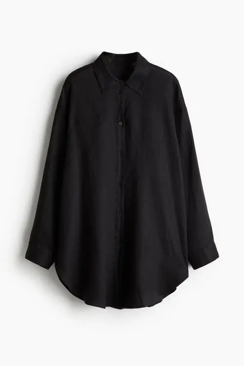 H&m Linen Loose-fit Shirt With Button Front - Black