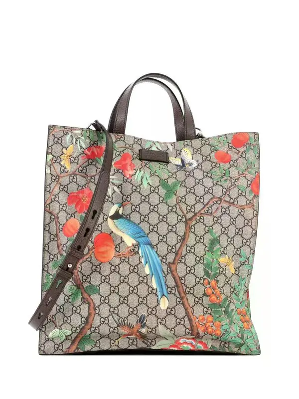 Gucci Convertible Soft Open Tote Tian Print Gg Coated Canvas Tall Satchel - Brown