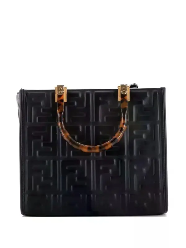Fendi Sunshine Shopper Tote Zucca Embossed Leather Small Shoulder Bag - Black