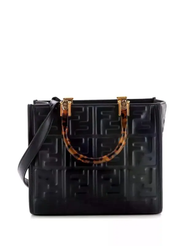 Fendi Sunshine Shopper Tote Zucca Embossed Leather Small Shoulder Bag - Black