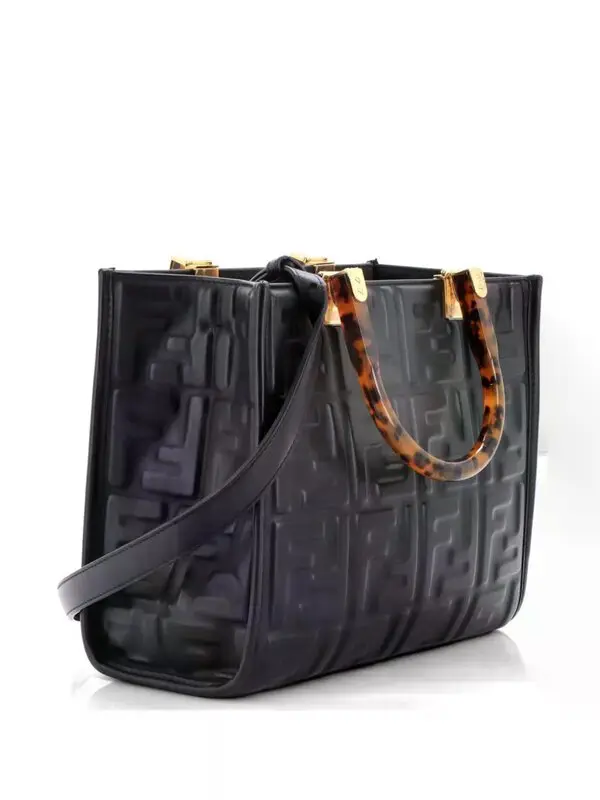 Fendi Sunshine Shopper Tote Zucca Embossed Leather Small Shoulder Bag - Black