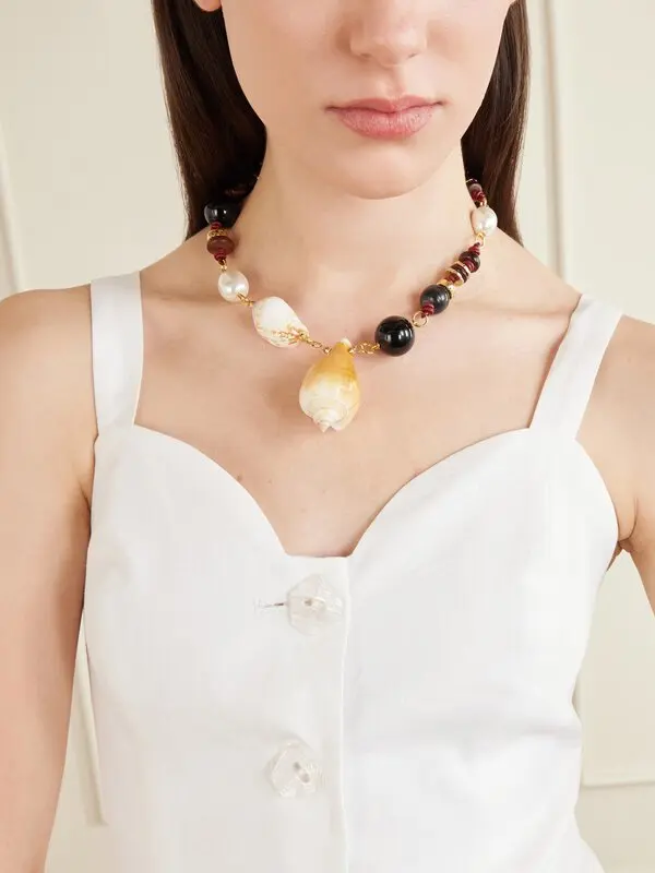 Tohum Design Gold-plated, Onyx, Leather And Seashell Beaded Necklace - Neutrals