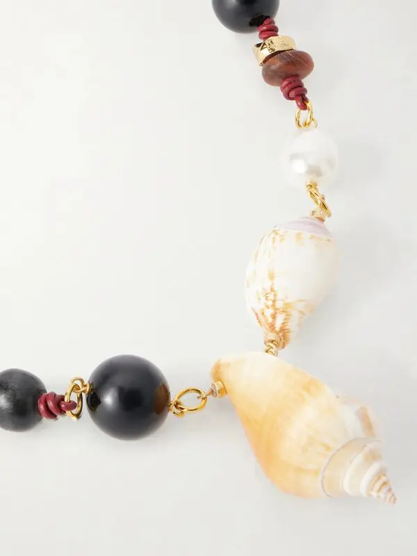 Tohum Design Gold-plated, Onyx, Leather And Seashell Beaded Necklace - Neutrals