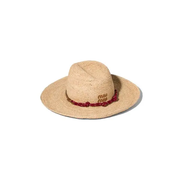 Miu Miu Raffia Panama Hat With Leather Trim - Beige/burgundy