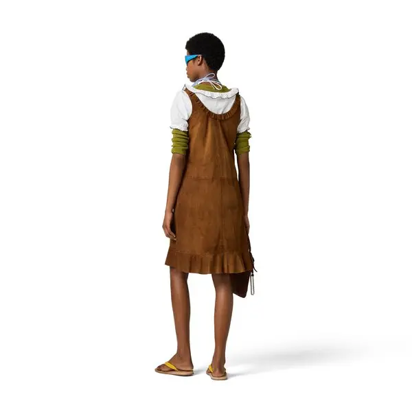 Miu Miu Waxed Suede Dress With Ruffled Neckline And Hem
