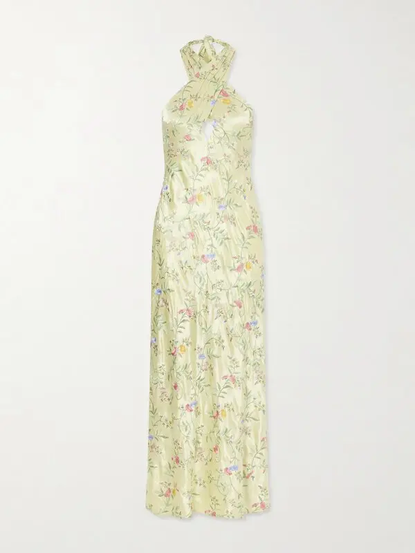 Rixo Dune Floral-embroidered Satin Maxi Dress