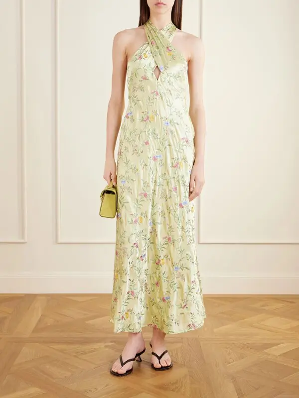 Rixo Dune Floral-embroidered Satin Maxi Dress