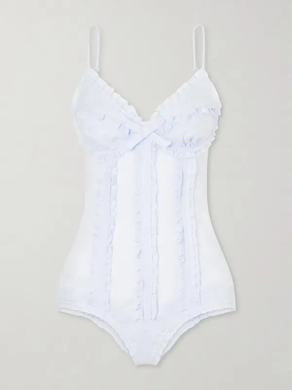SHUSHU/TONG Bow-embellished Ruched Linen Bustier Bodysuit - Blue