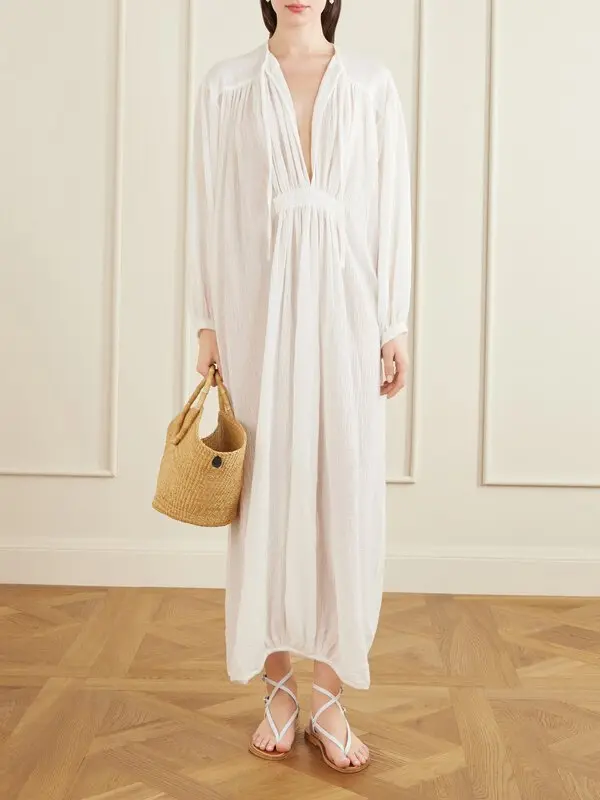LES VACANCES D’IRINA Gathered Cotton Maxi Dress