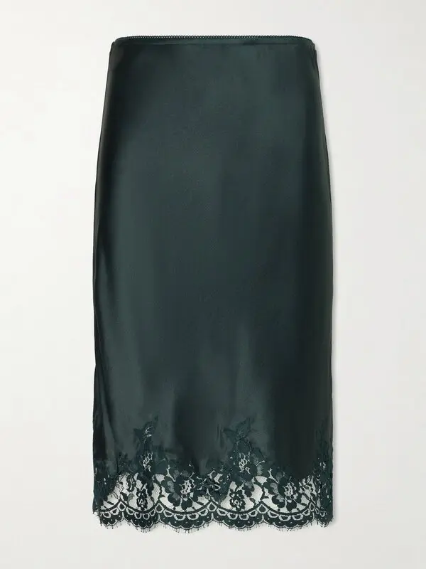 Saint Laurent Lace-trimmed Silk-satin Midi Skirt - Green