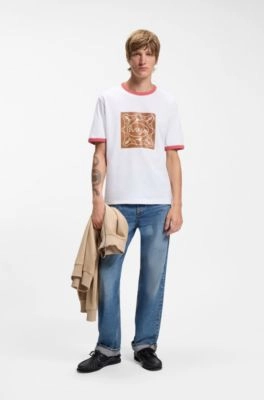 Hugo Sharp-fit Ringer T-shirt In Cotton With Graphic Print