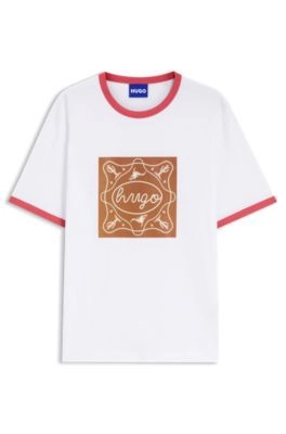 Hugo Sharp-fit Ringer T-shirt In Cotton With Graphic Print