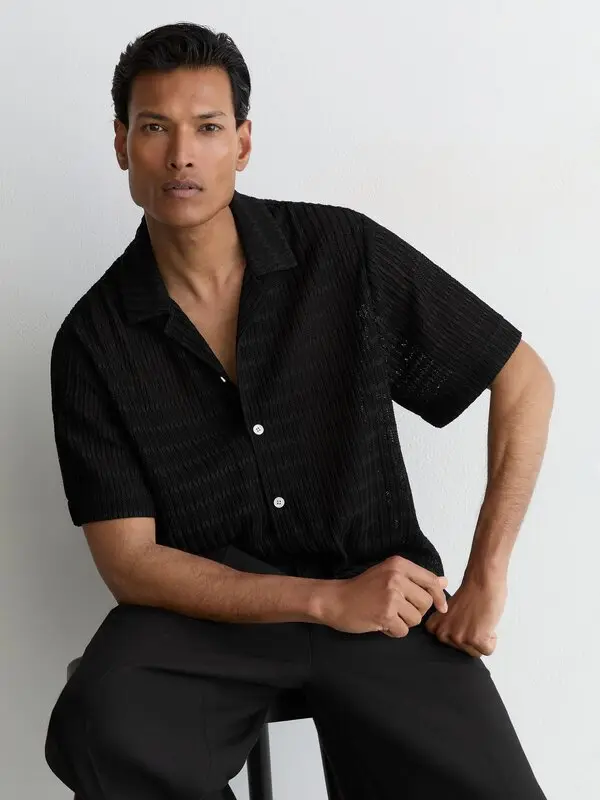 REISS Sid Chevron-crochet Cuban-collar Shirt - Black