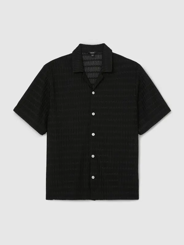 REISS Sid Chevron-crochet Cuban-collar Shirt - Black