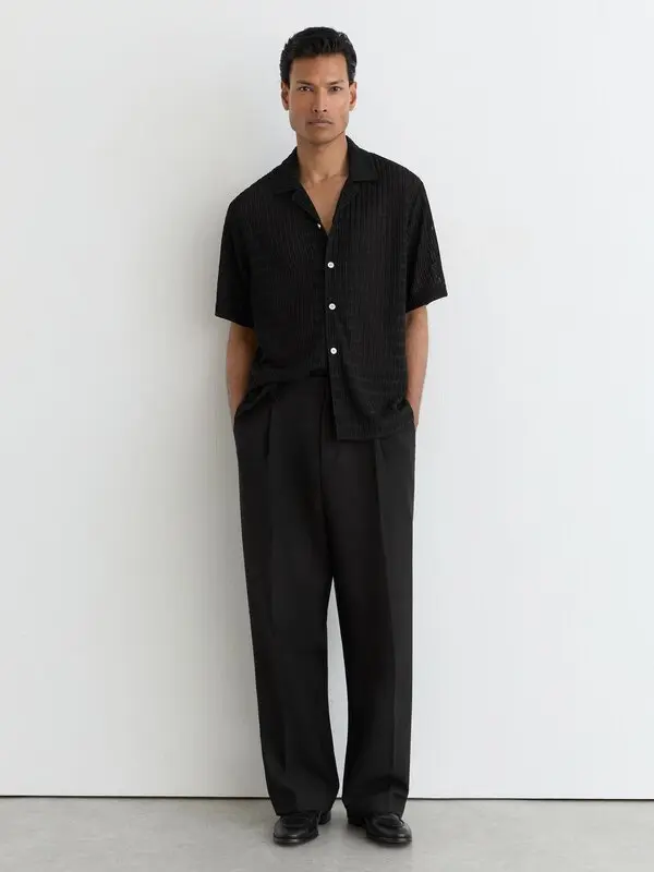 REISS Sid Chevron-crochet Cuban-collar Shirt - Black