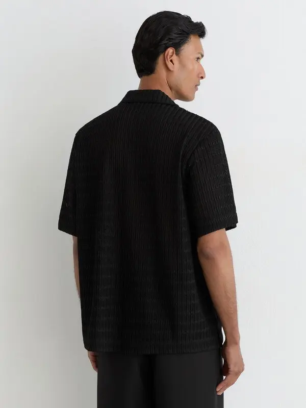 REISS Sid Chevron-crochet Cuban-collar Shirt - Black