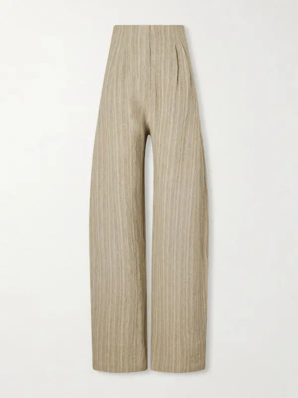 CORTANA Camila Pleated Striped Linen Wide-leg Pants - Green
