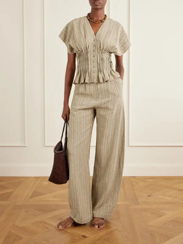 CORTANA Camila Pleated Striped Linen Wide-leg Pants