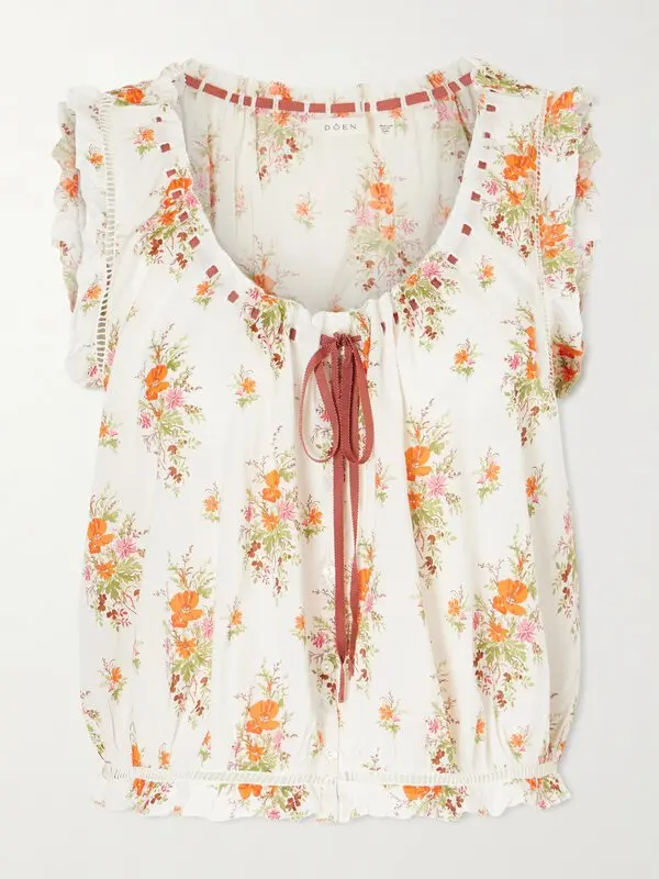 DÔEN Embroidered Floral-print Organic Cotton Blouse - White