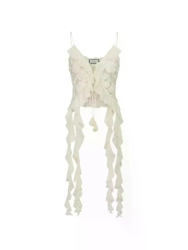 NISSA Ruffled Floral-appliqué Top - Neutrals